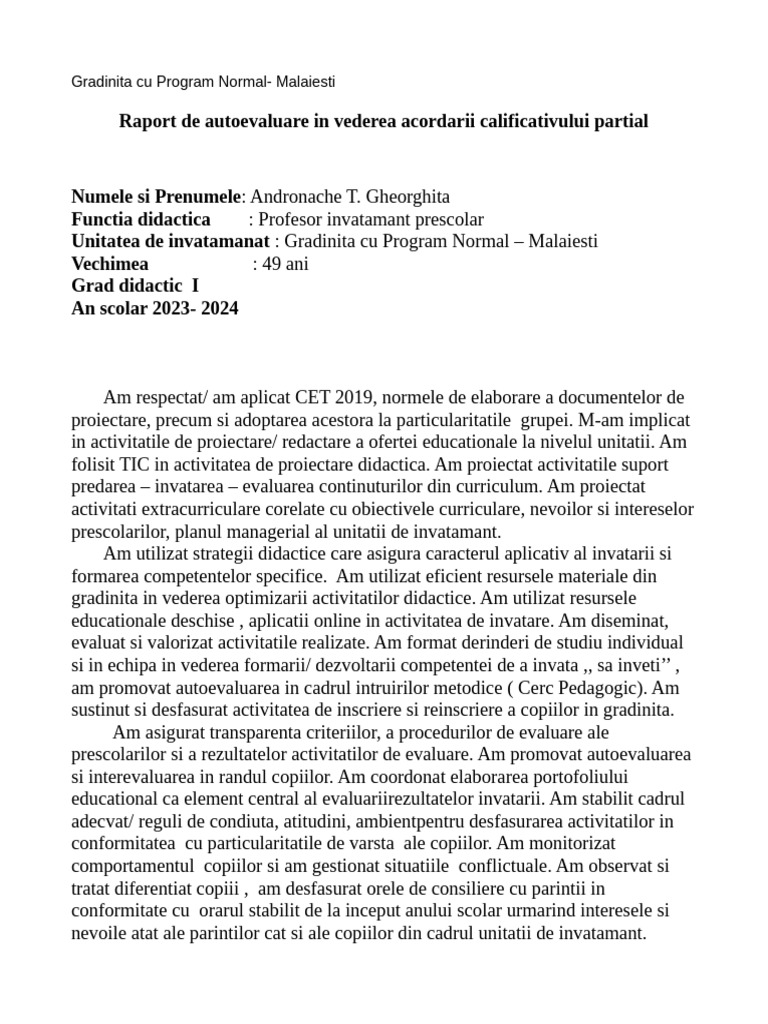 Raport Educatoare | PDF