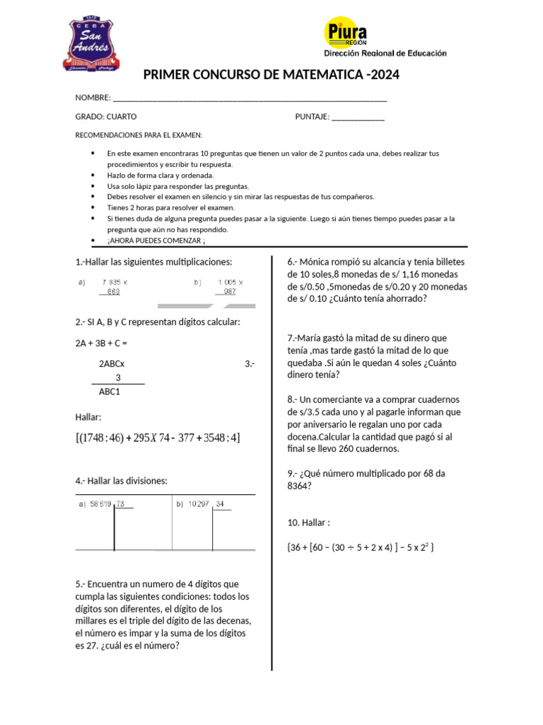 Primer Concurso de Matematica - Cuarto | PDF