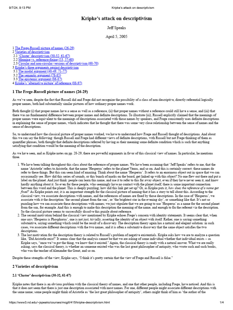 Kripke's Attack On Descriptivism | PDF