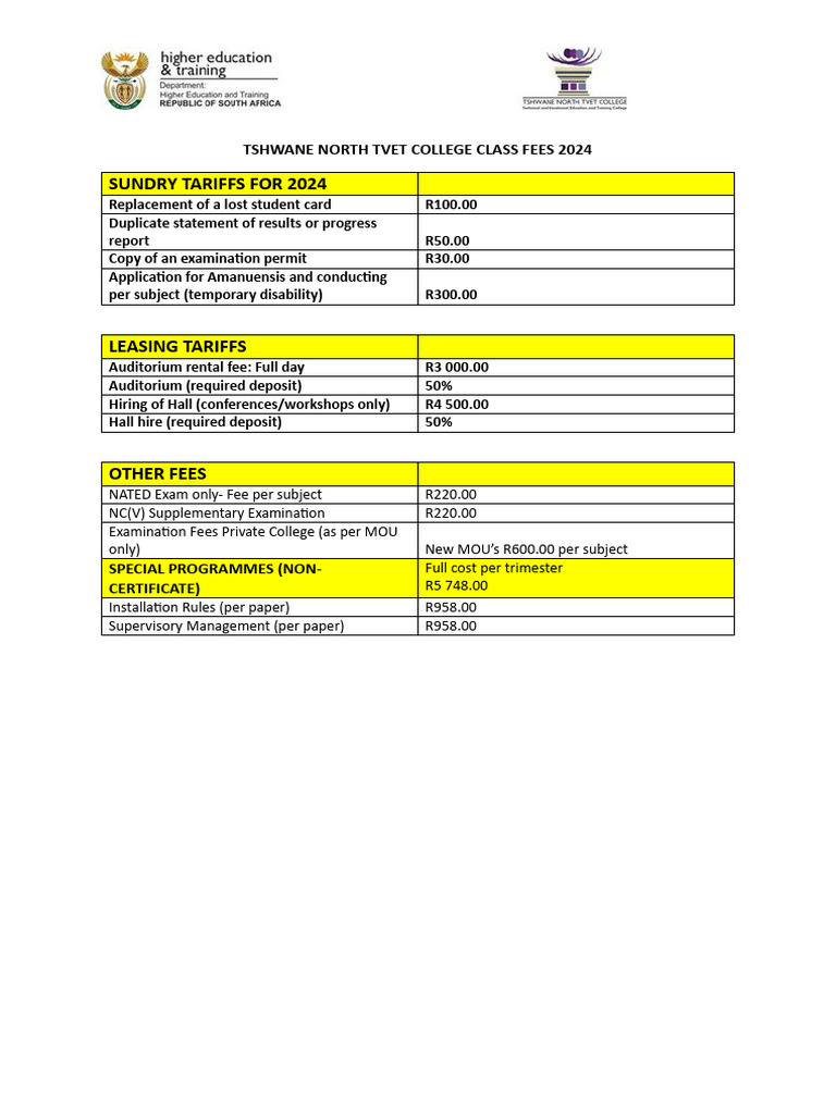 Tshwane North Tvet College Class Fees 2024 Final - 240904 - 195912 | PDF