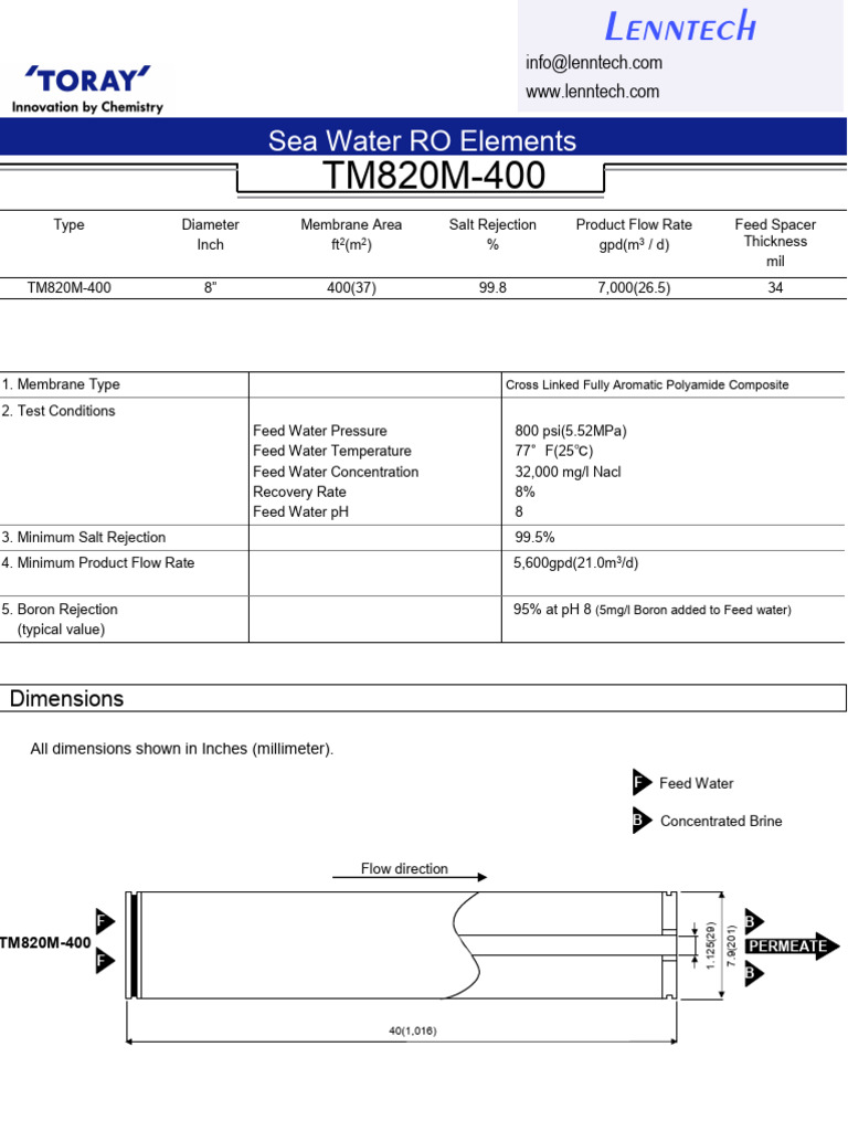 Toray-TM820M-400-Sea-Water-RO-Element-L | PDF