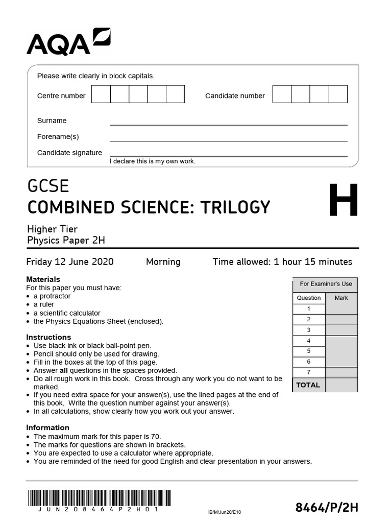 AQA GCSE NOV2020 Combined Science Trilogy Physics Paper 2H QP | PDF