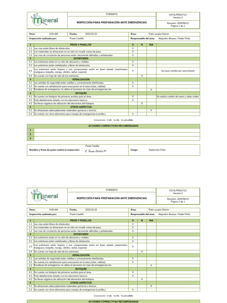 SSTA-PR03-F12 v2. Inspección Preparación Ante Emergencias 2023 Holcim | PDF