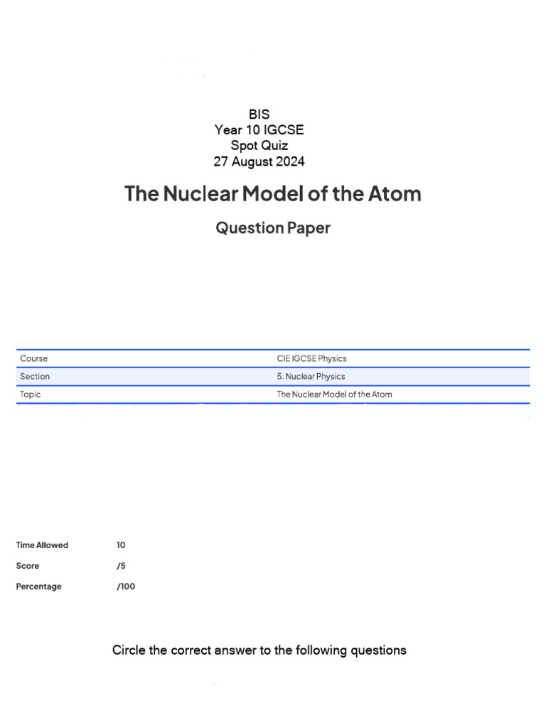 Y11 Atomic Nucleus Quiz | PDF