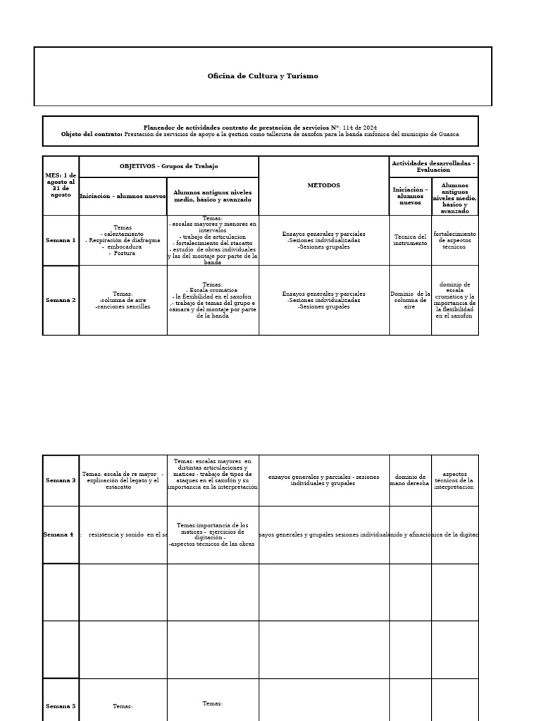Planeador Mensual 2024 - Escuela de Artes de Guasca | PDF