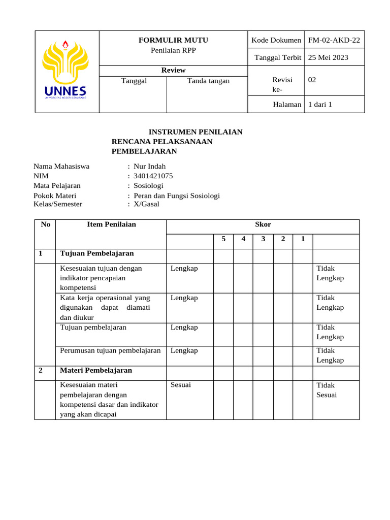 Instrumen Penilaian RPP | PDF