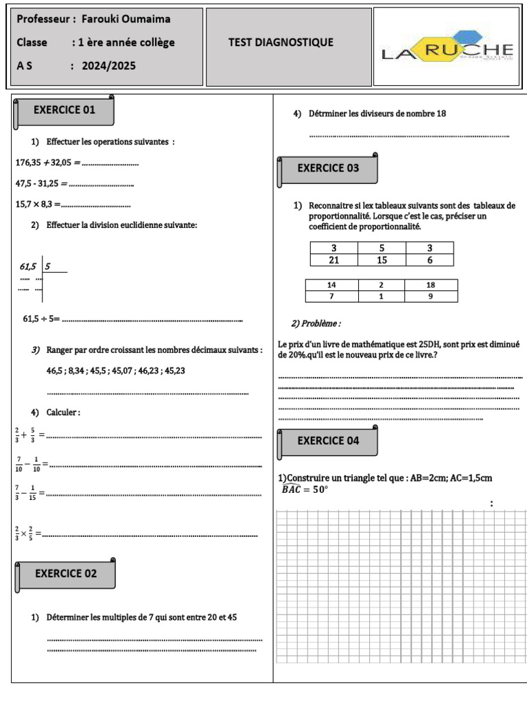 1ere Annee College Test Diag | PDF