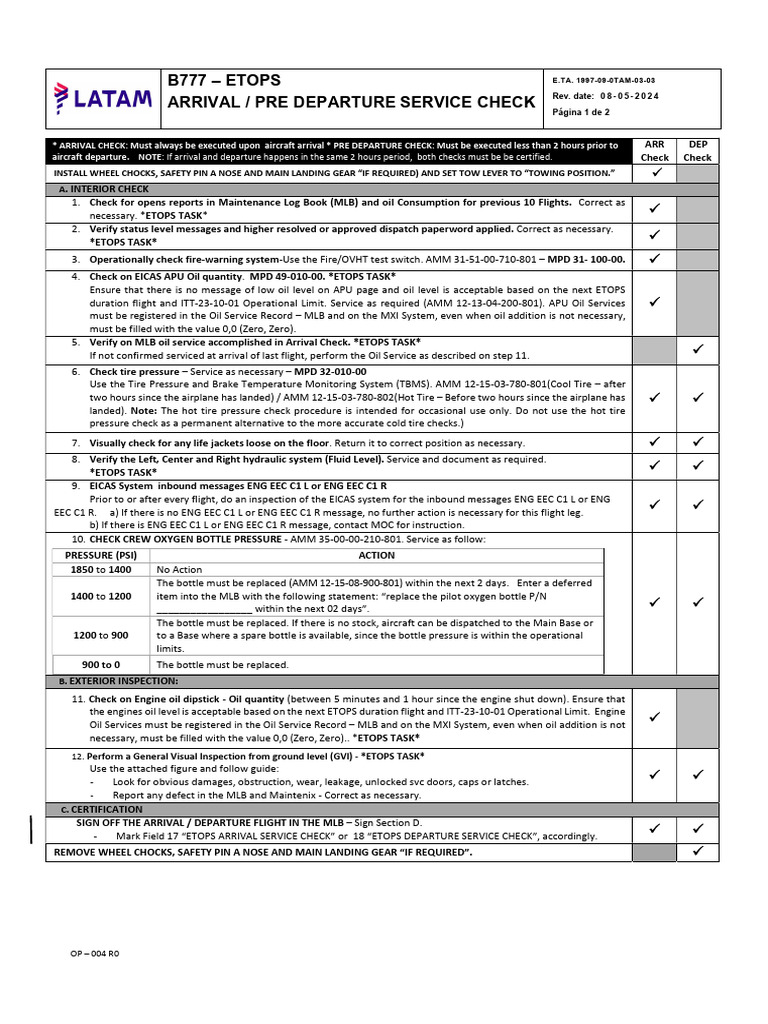 b777 Etops Arr-Dep Service Check_08_may_2024 | PDF