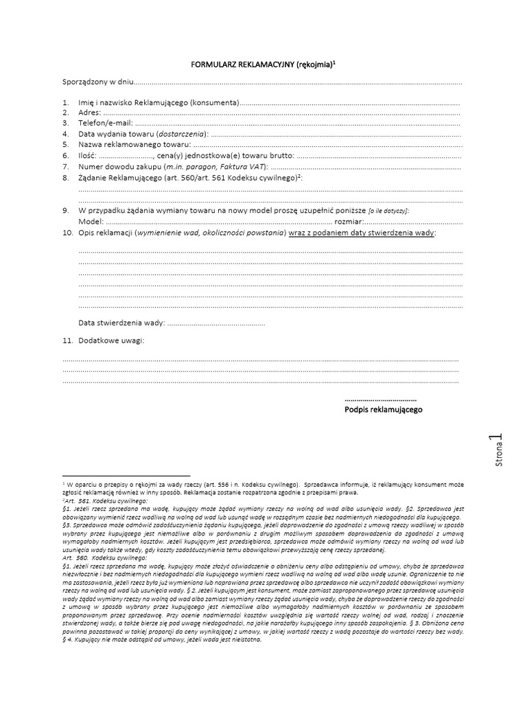 Formularz Reklamacyjny ENERGYLANDIA | PDF