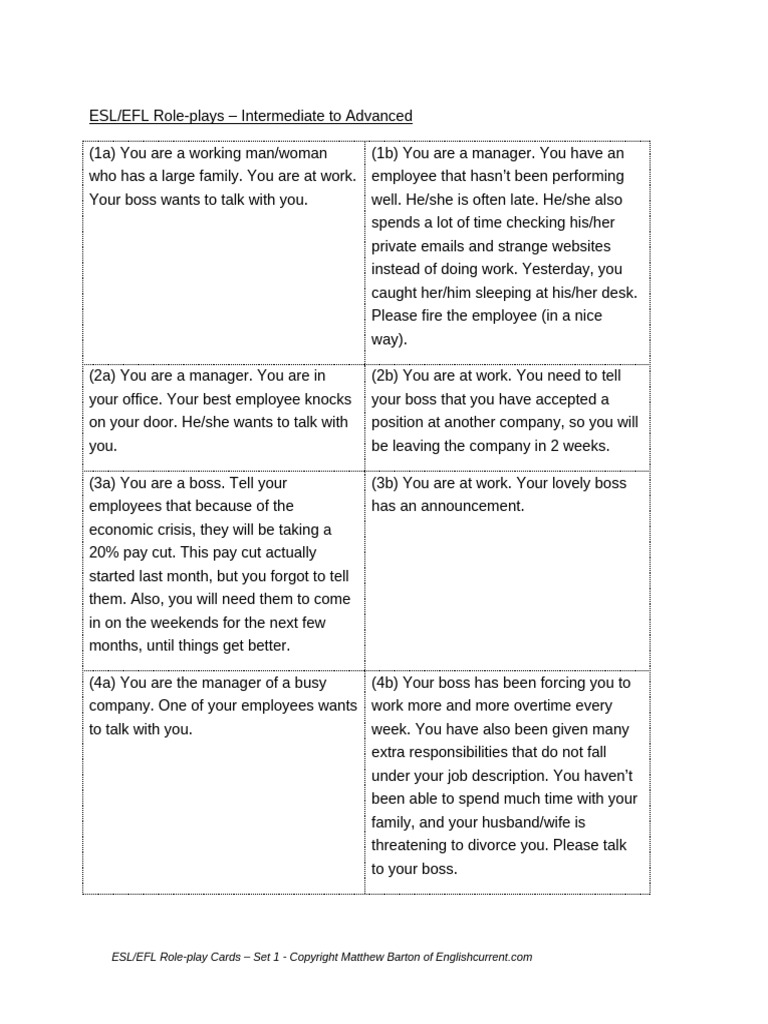 Roleplay Cards - Advanced Intermediate | PDF