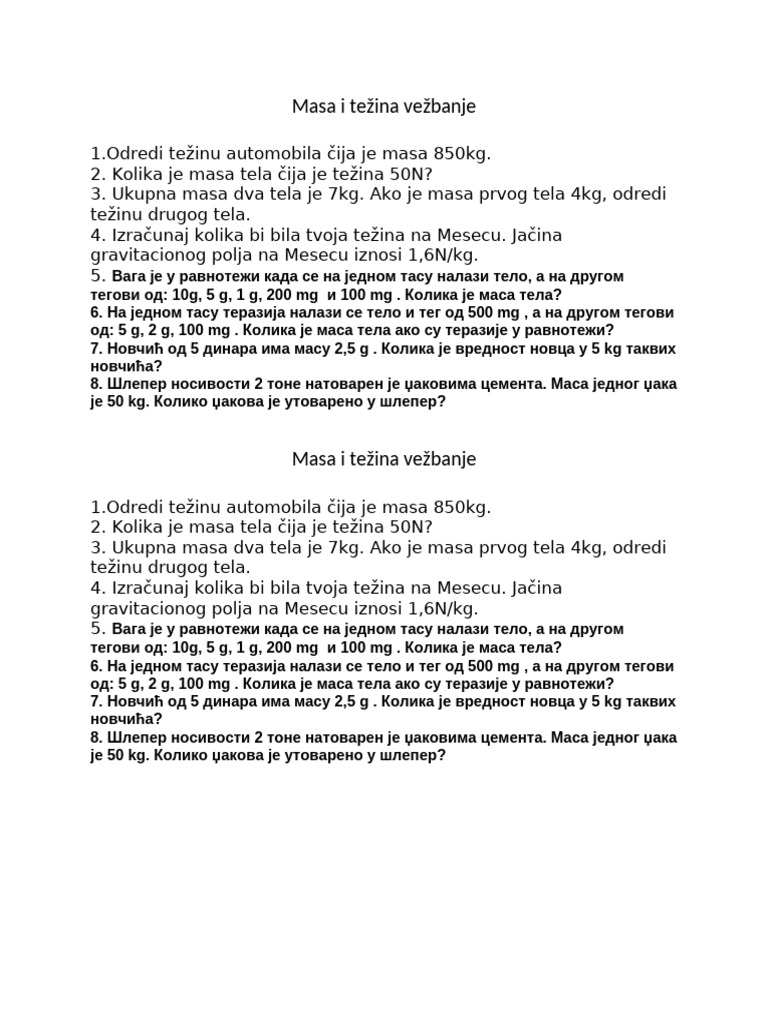 Masa I Tezina Vezbanje | PDF