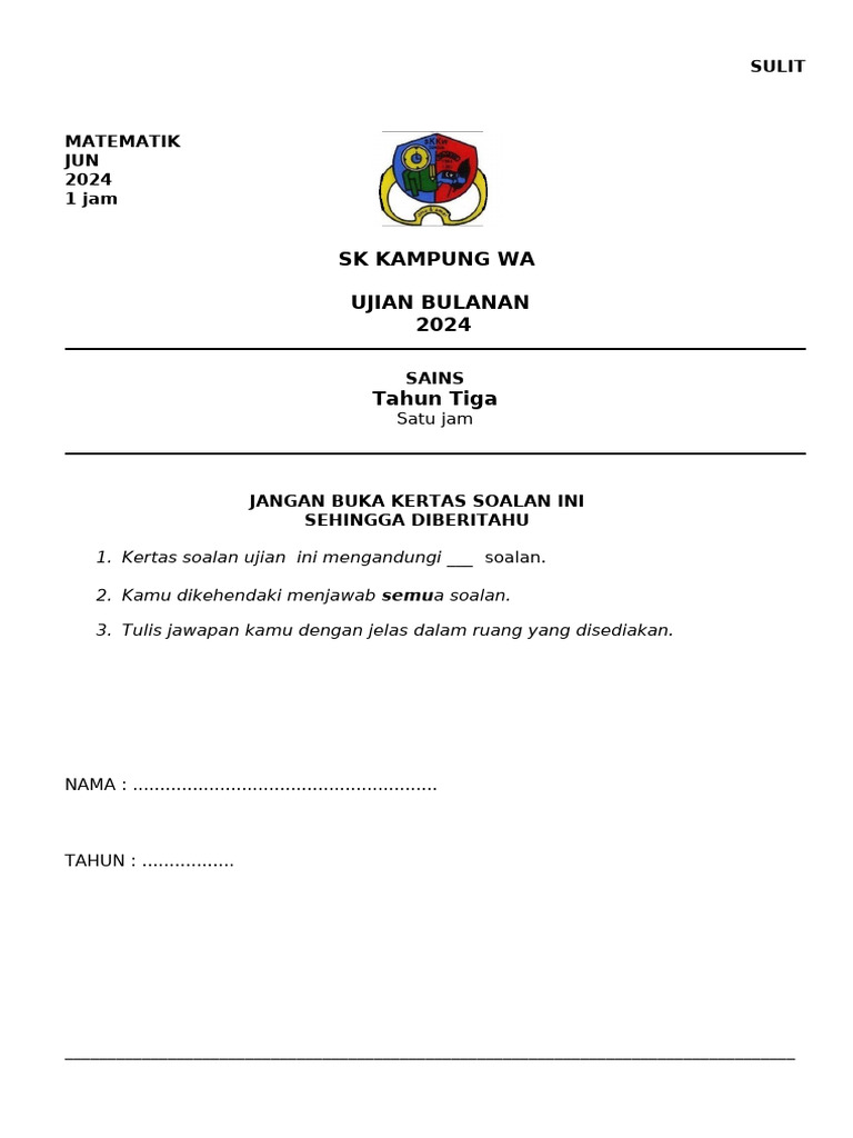 Muka Depan Kertas Soalan | PDF