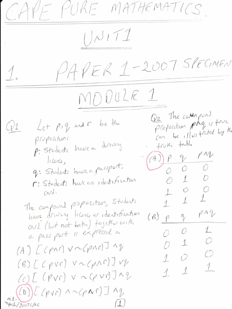 Cape Pure Mathematics U1 P1 Module 1 Specimen Paper May June 2008ROR ...