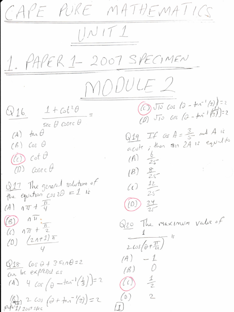 Cape Pure Mathematics U1 P1 Module 2 Specimen Paper May June 2008 ROR ...
