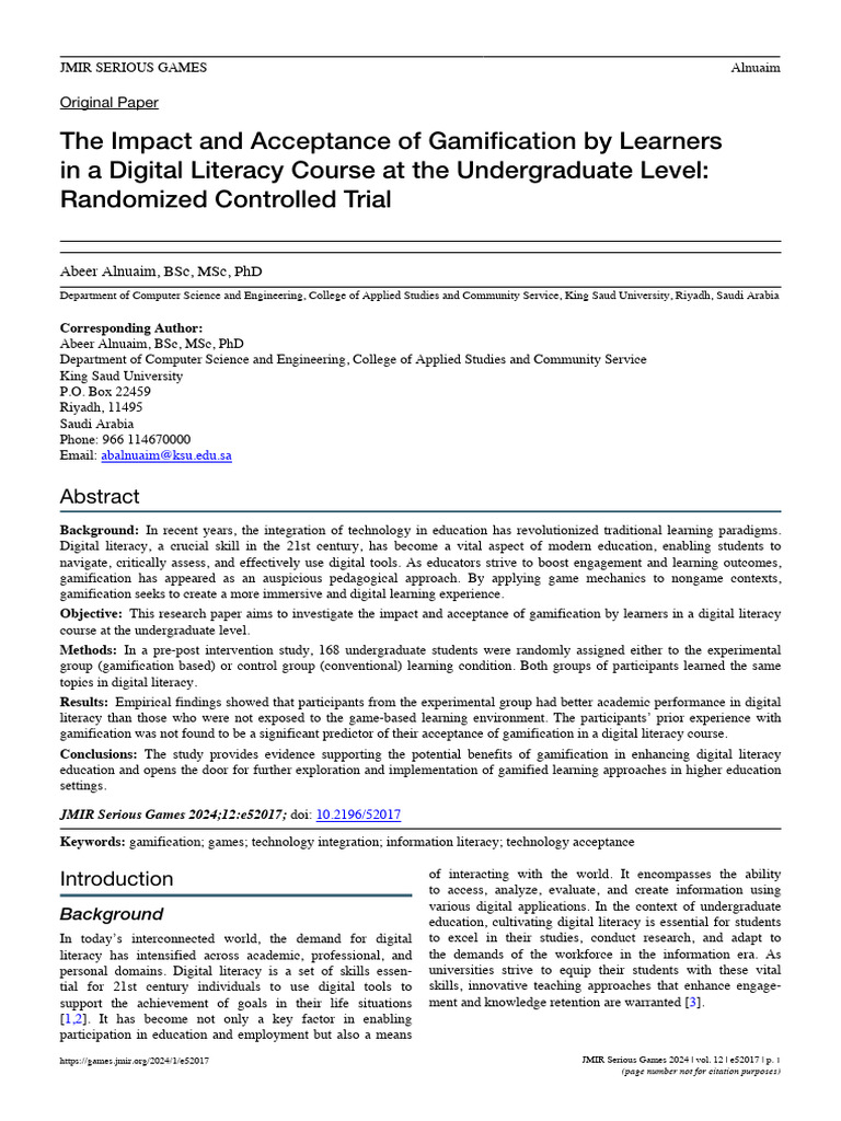 The Impact and Acceptance of Gamification by Learners in A Digital Literacy Course at The ...