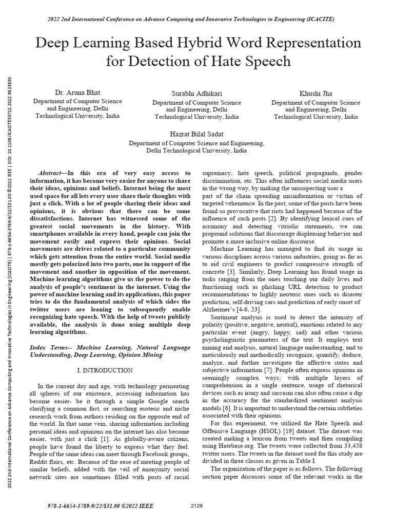 Deep Learning Based Hybrid Word Representation For Detection of Hate Speech | PDF