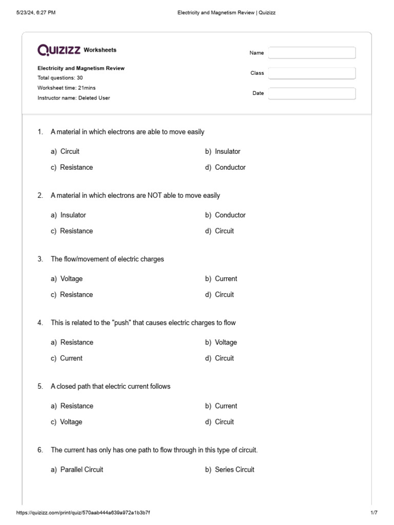Electricity and Magnetism Review _ Quizizz | PDF
