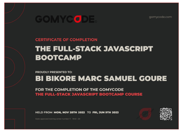 BI BIKORE MARC SAMUEL GOURE-The Full-Stack Javascript Bootcamp Certificate of Completion | PDF