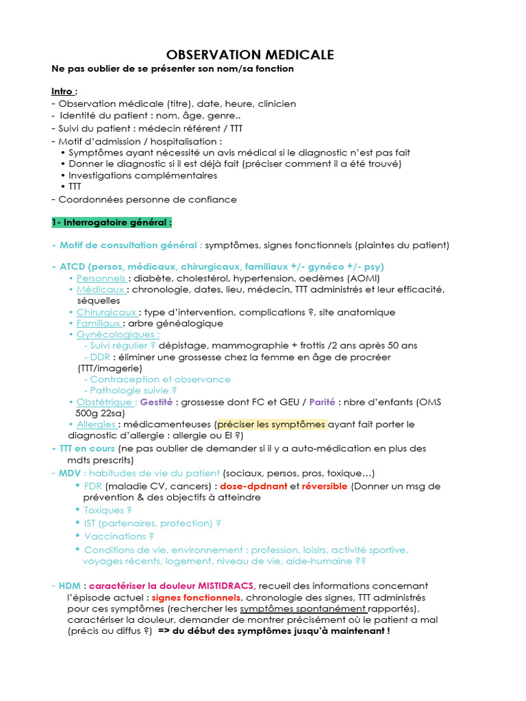 Observation Médicale Complète | PDF