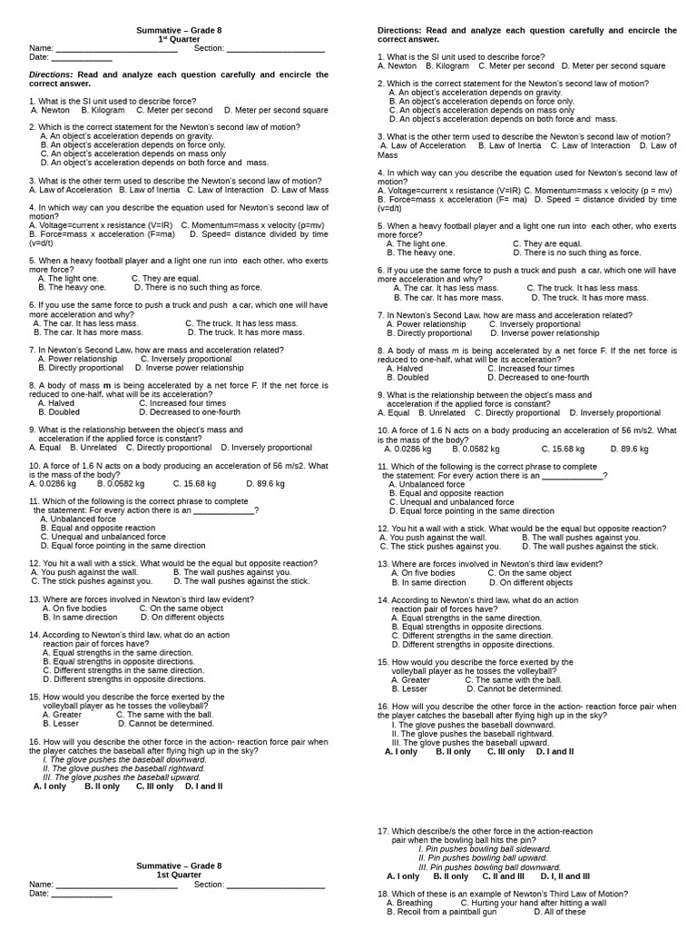 Summative Test Newtons Law | PDF