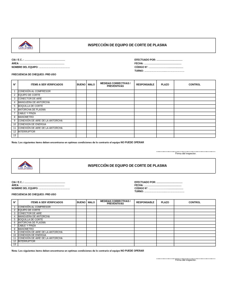 Check List de Inspeccion de Equipo de Corte de Plasma | PDF