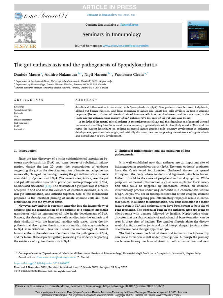The Gut Enthesis Axis and The Pathogenesis of Spondyloarthritis | PDF ...