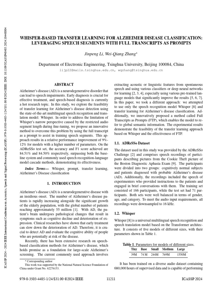 Whisper-Based Transfer Learning For Alzheimer Disease Classification Leveraging Speech Segments ...