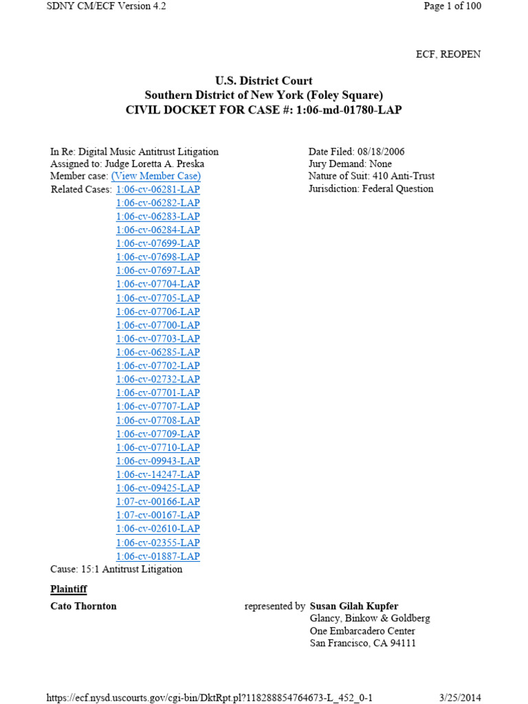 Digital Music Sdny Docket Sheet | PDF