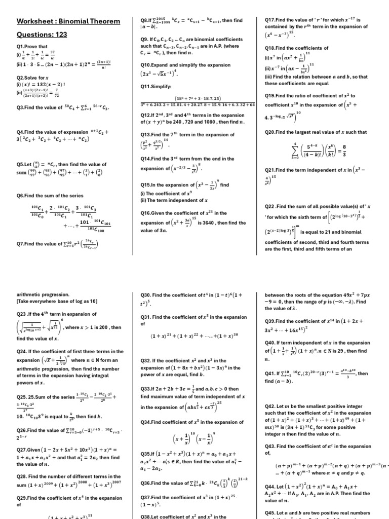 Binomial Theorem Worksheet | PDF