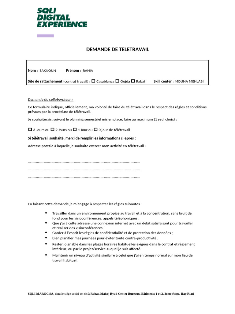 Formulaire Demande TéléTravail SQLI MAROC Nom Prénom | PDF