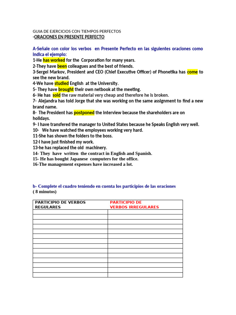 GUIA DE EJERCICIOS CON TIEMPOS PERFECTOS 2020 | PDF