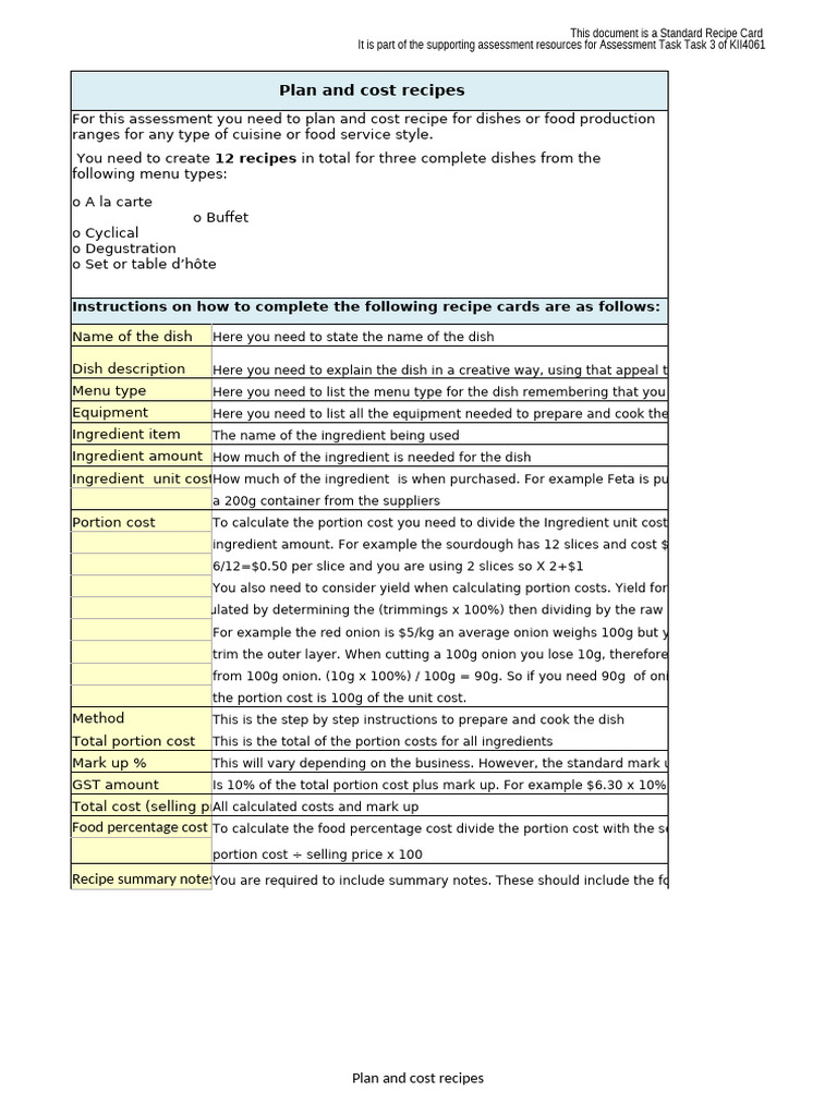 A3 Standard Recipe Card Template | PDF | Pasta | Menu