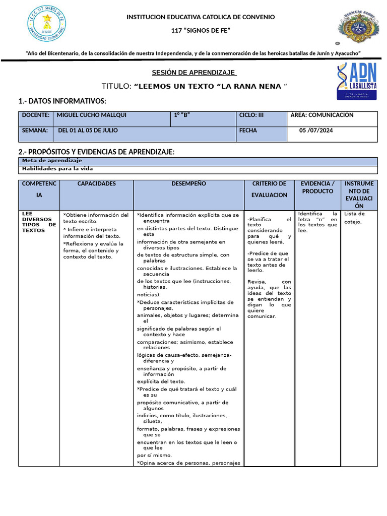 Sesion Comunic "Leemos Un Texto "La Rana Nena " | PDF
