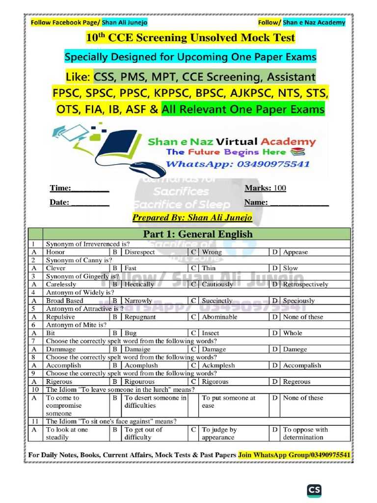 10th Unsolved Mock - Test For Upcoming CCE & SPSC One Paper Exams by ...
