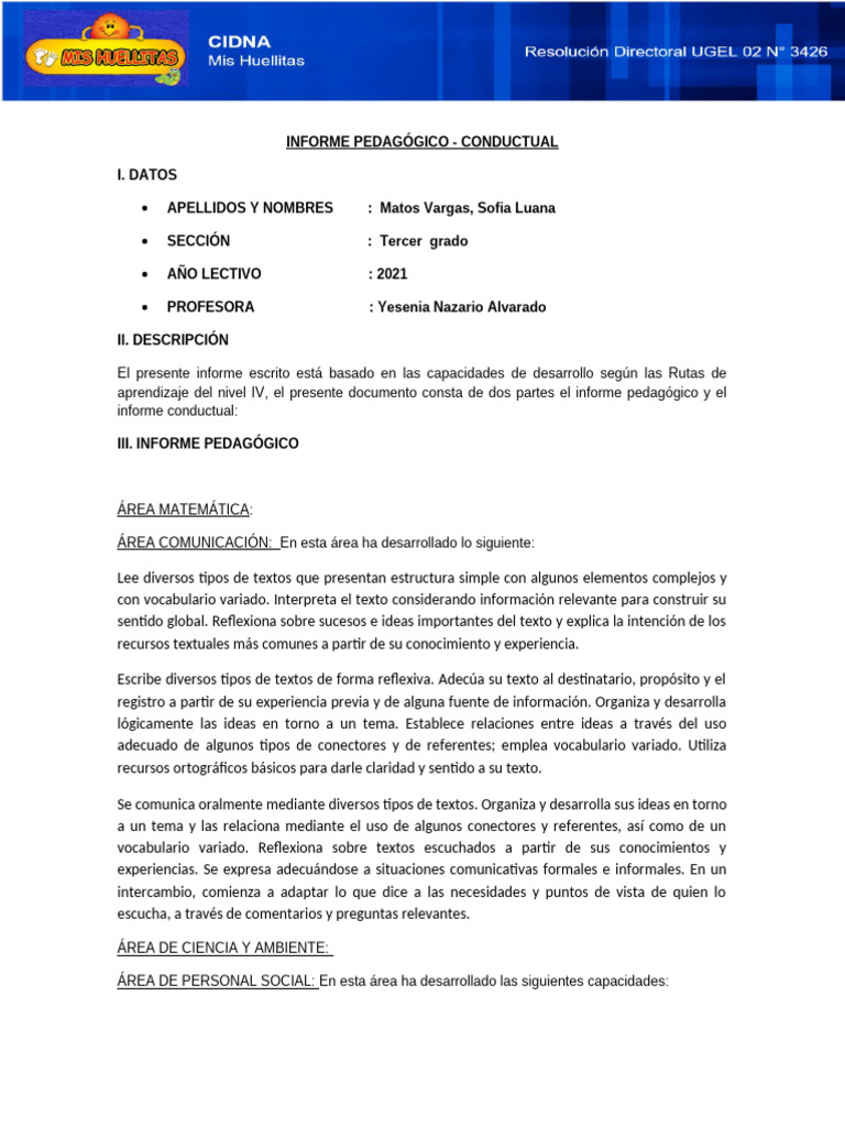 Informe Pedagógico y Conductual | PDF
