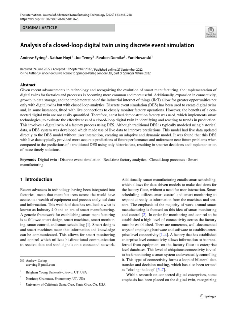 Analysis of A Closed Loop Digital Twin Using Discrete Event Simulation | PDF