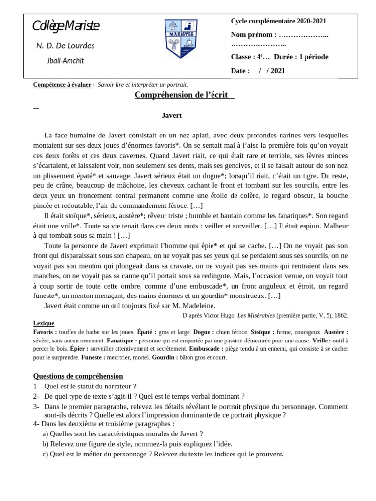 2021+ +4e+ +CE++CORRIGE+ +portrait+ +javert | PDF