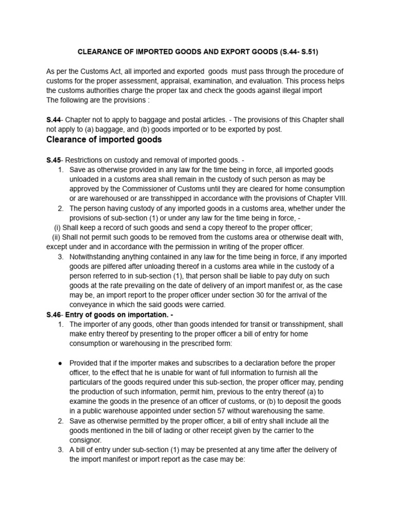Chapter Vii - Clearance of Imported Goods and Export Goods | PDF