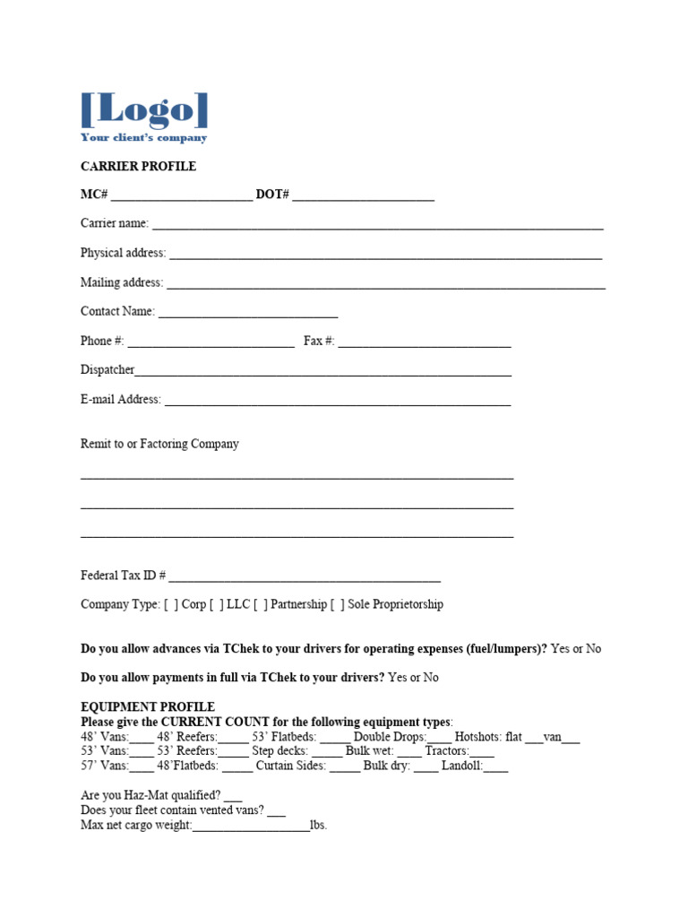 CARRIER PROFILE FORM - Simple Sample | PDF