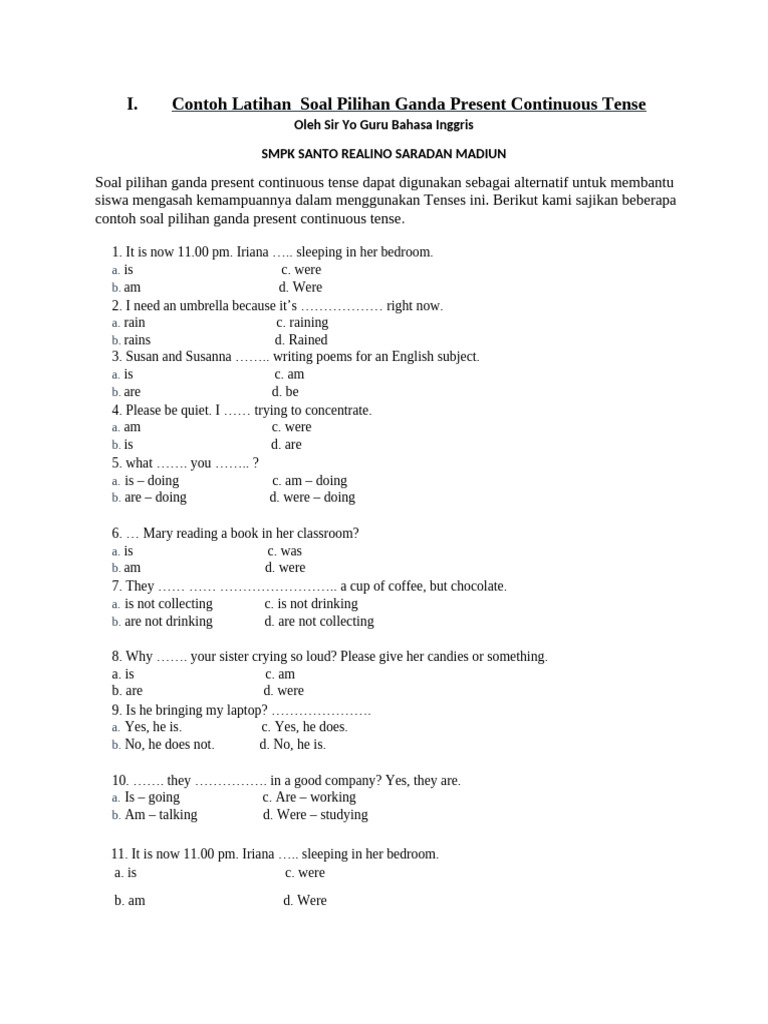 Contoh Soal Pilihan Ganda Present Continuous Tense | PDF