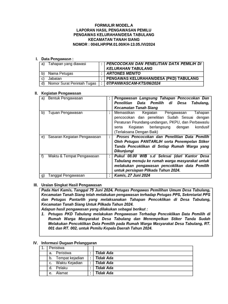 FORMULIR MODEL A PKD TABULANG, Tanggal 27 Juni 2024 | PDF