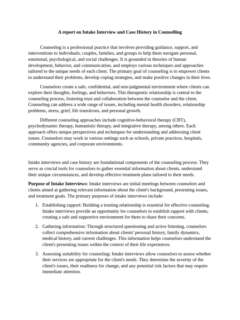 A Report On Intake Interview and Case History in Counselling | PDF