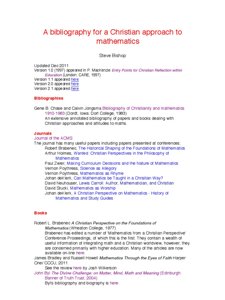 A Bibliography For A Christian Approach To Mathematics Version 3.0 ...