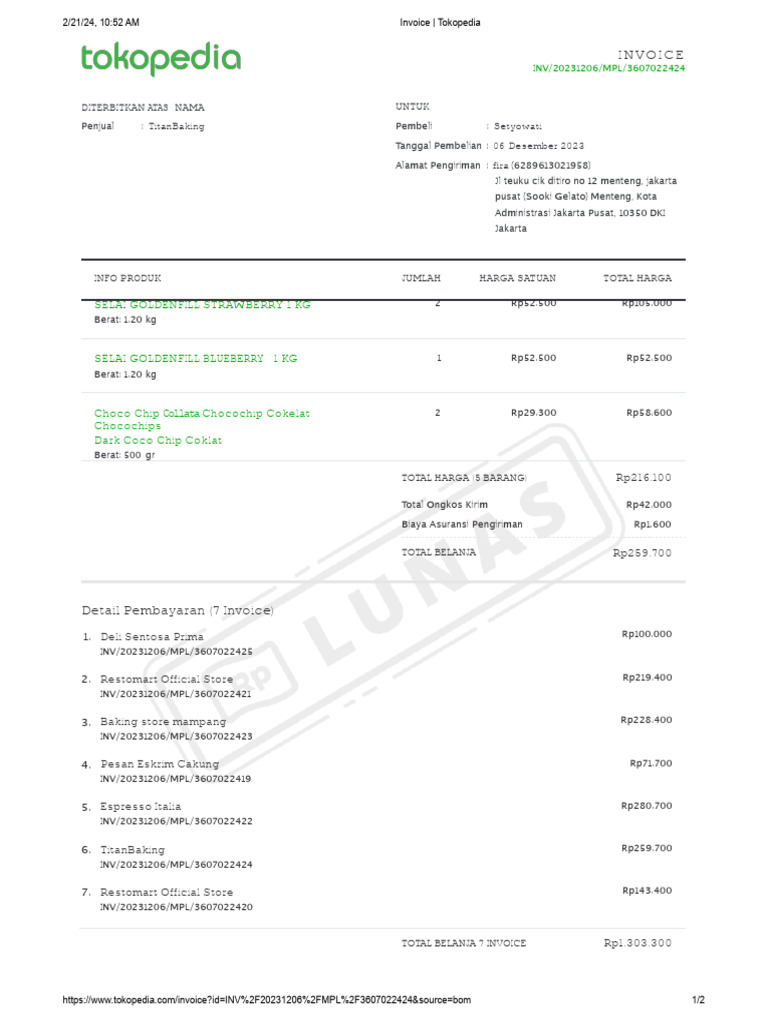 Invoice _ Tokopedia-choco chip | PDF