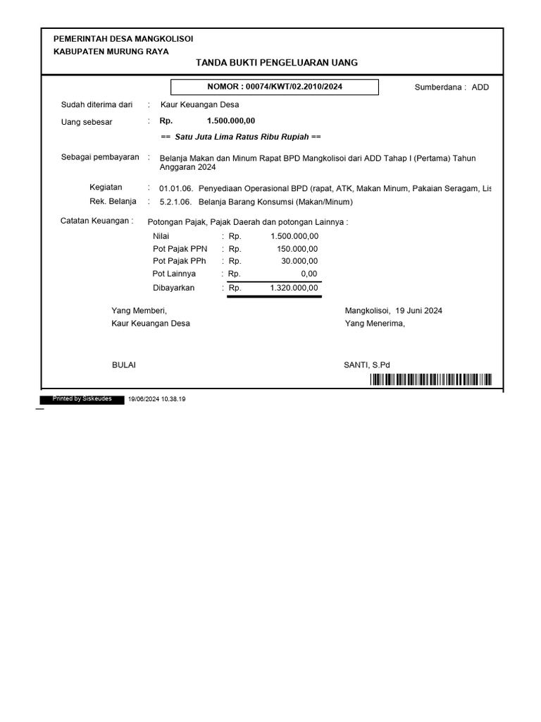Kwitansi Belanja Makan Dan Minum Rapat BPD Mangkolisoi Dari ADD Tahap I (Pertama) Tahun 2024 | PDF
