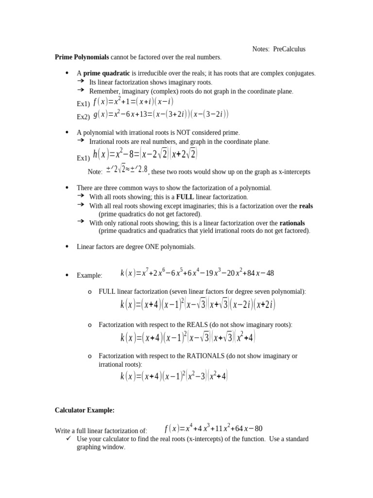 Pre Calculus CPA Notes # (2.4) Prime Polys | PDF