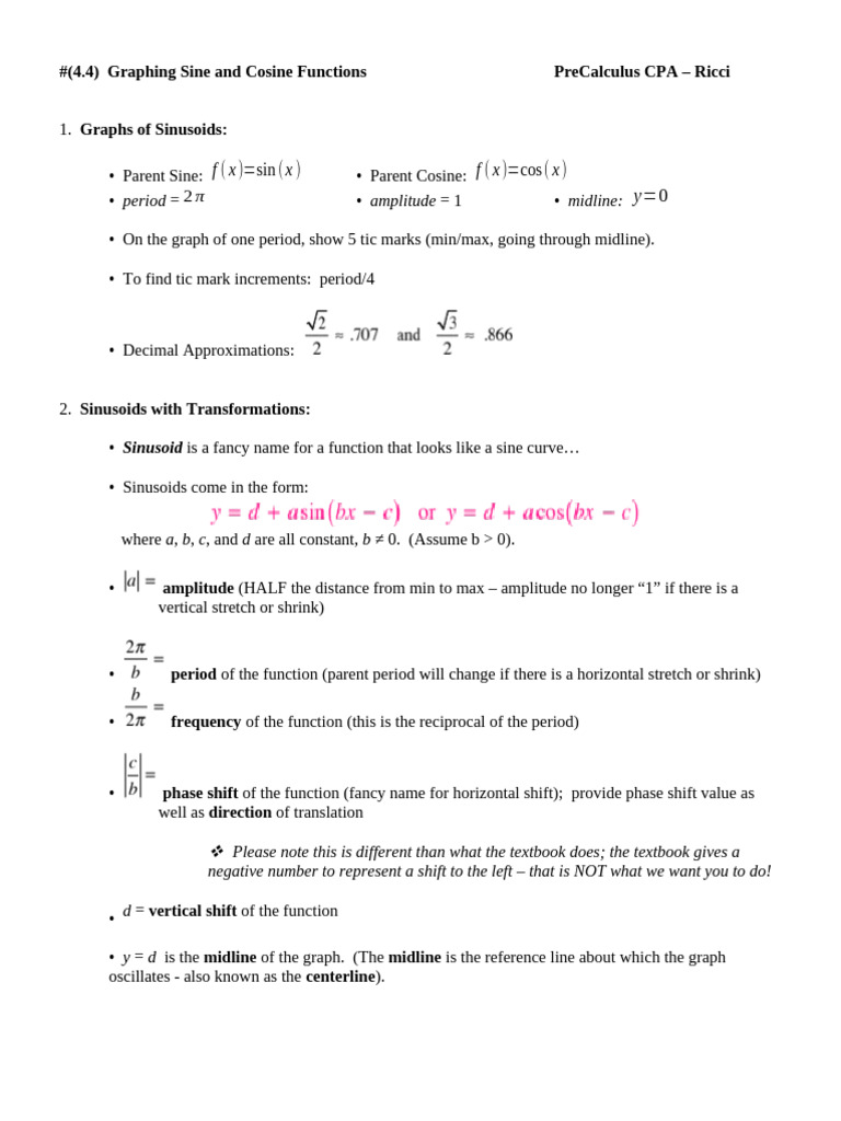 Pre Calculus CPA Notes #(4.4) - Graphing Sine and Cosine | PDF