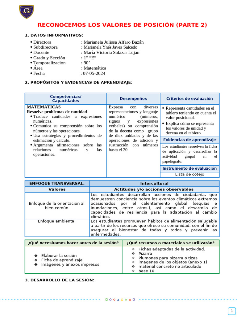 MATEMATICA - RECONOCEMOS LOS VALORES DE POSICIÓN refuerzo | PDF