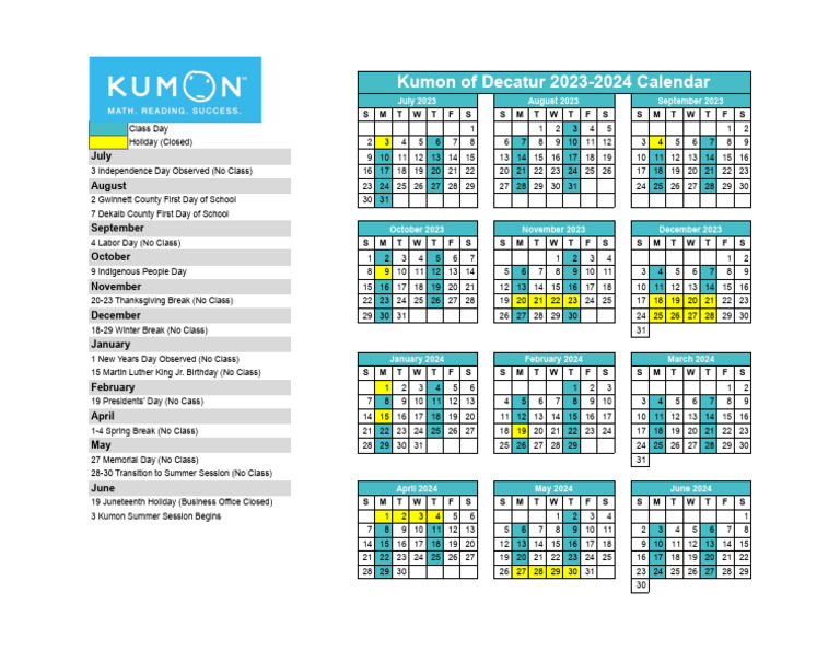 Kumon of Decatur 2023-2024 Calendar - Sheet1 | PDF