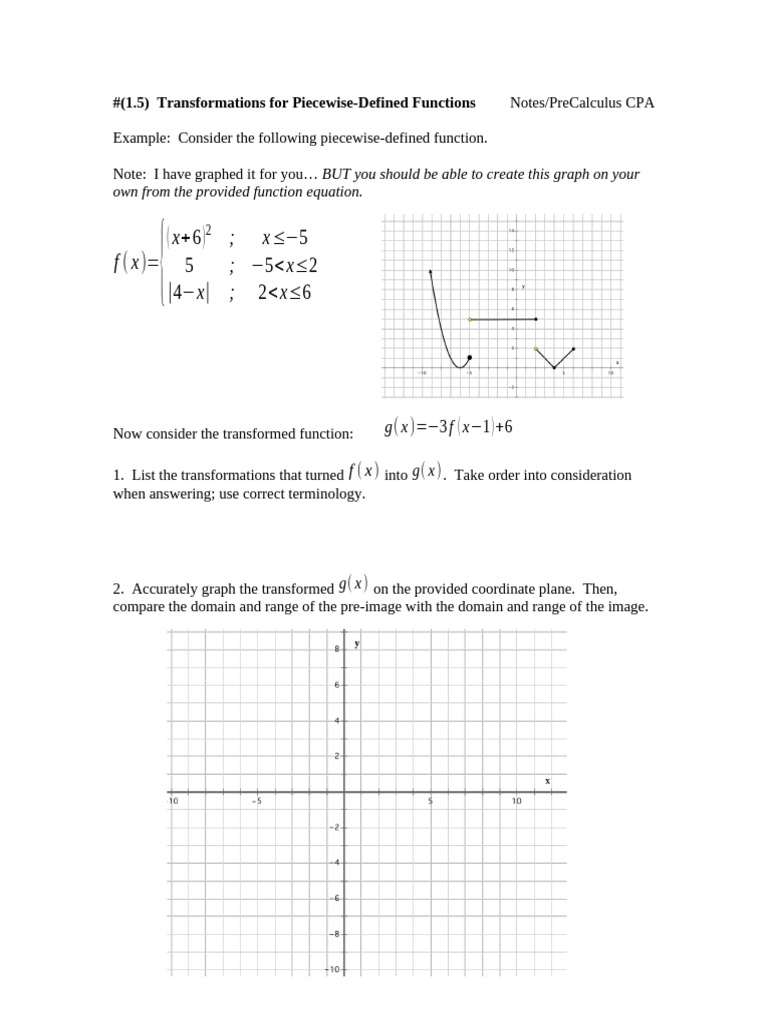 Pre Calculus CPA Worksheet # (1.5) Piecewise Function Transformation ...